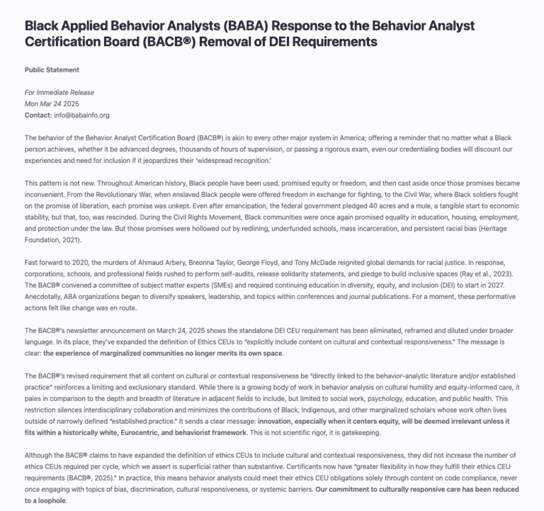 Black Applied Behavior Analysts (BABA) Response to the Behavior Analyst ...